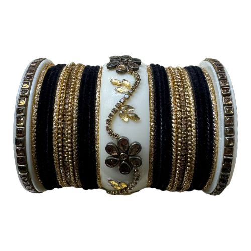 Metal Bangle Churiya Kangan Set with Rajwadi Kada and Velvet Bangles ...